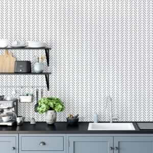 Erfoni Black and White Peel and Stick Wallpaper Modern Herringbone Contact Paper Bathroom 17.7inch x 118.1inch Geometric Removable Wall Paper Peel and Stick Self Adhesive Contact Paper