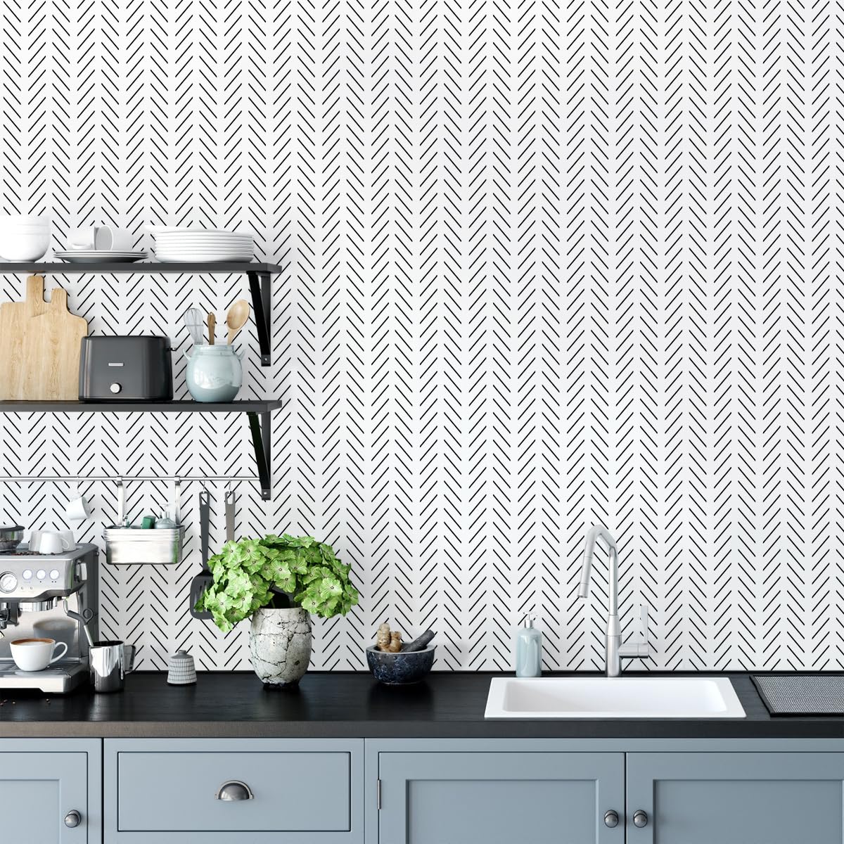 Erfoni Black and White Peel and Stick Wallpaper Modern Herringbone Contact Paper Bathroom 17.7inch x 118.1inch Geometric Removable Wall Paper Peel and Stick Self Adhesive Contact Paper