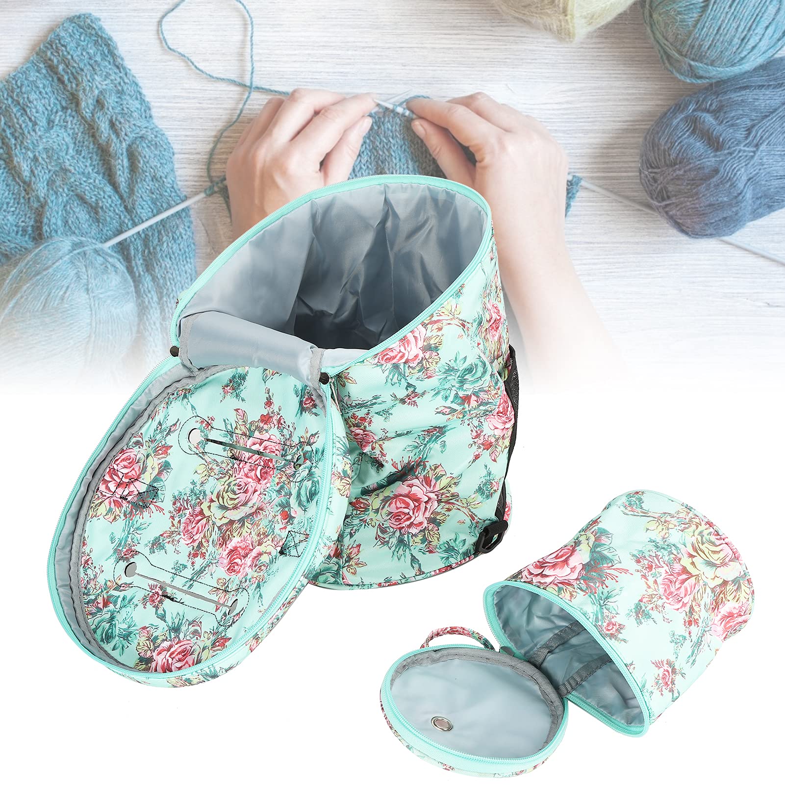 2Pcs Portable Woolen Yarn Storage Bag Knitting Bag, Yarn Storage Round Tote Bag, 600D Oxford Cloth Printing Multi-Pocket Hand Strap(Green Peony)