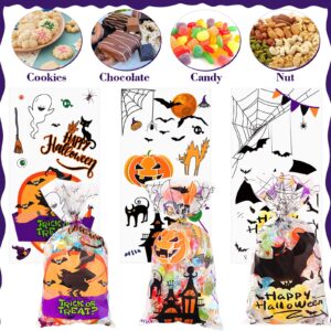 Halloween Candy Bags Treats Bags, 200 PCS Halloween Cellophane Bags for Kids Treat or Trick Party Supplies, 8 Styles Halloween Goodies Bags Gift Bags with Tattoo Stickers for Halloween Party Favors