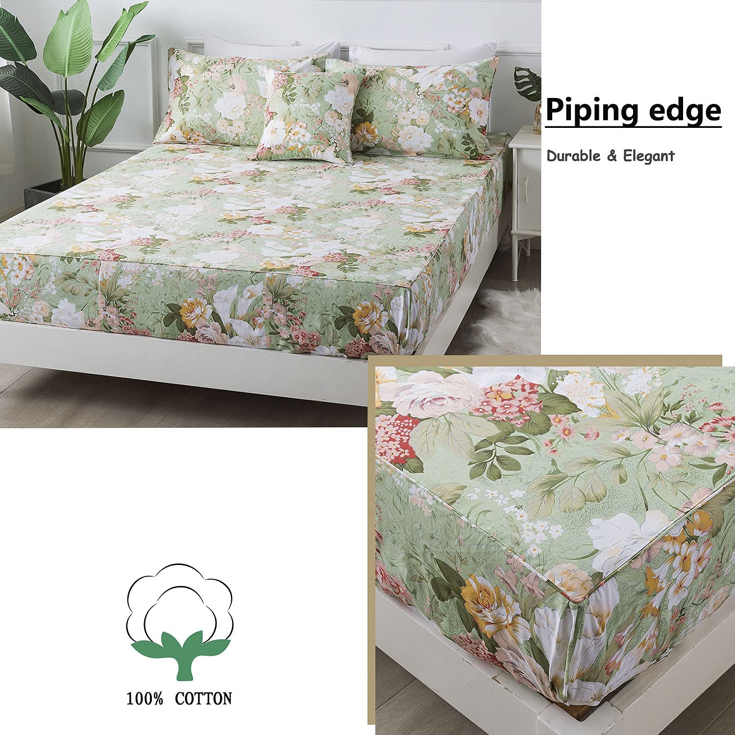 FADFAY Floral Bed Sheets Set Queen Size 100% Cotton Mint Green Botanical Sheet Sets Countryside Bedding Soft Breathable Girls Lily Flower Printed Deep Pocket Sheet 17.5 inch, 4 Pcs Queen