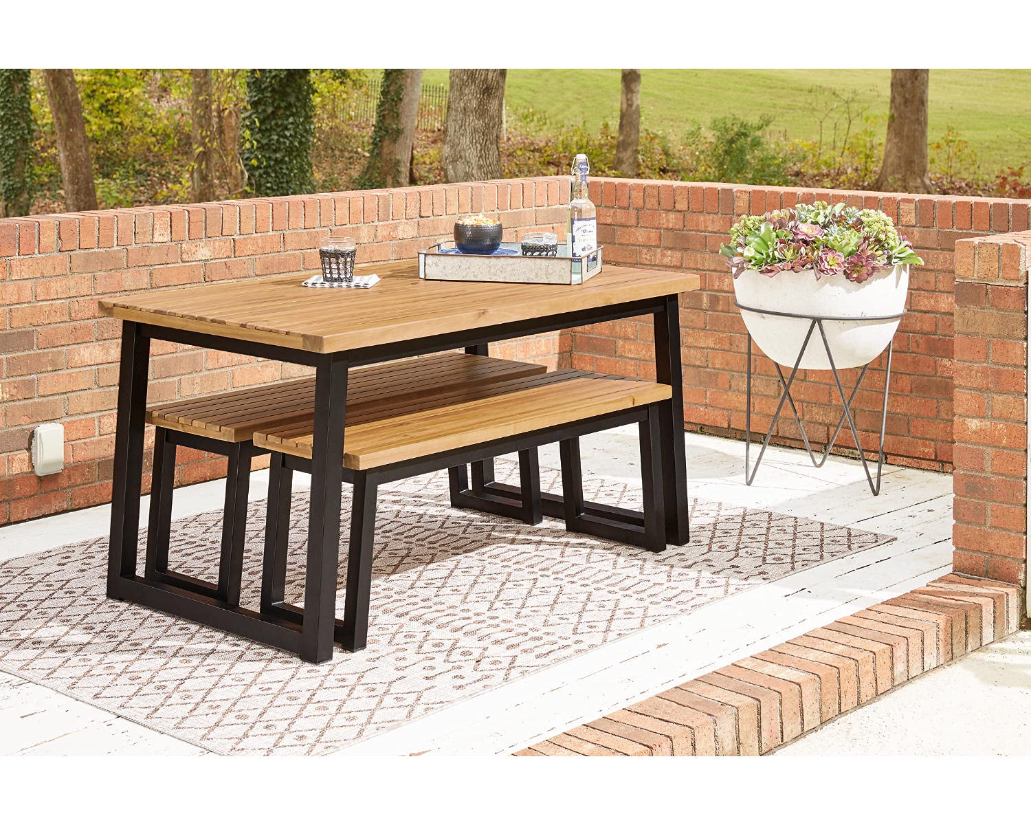 Signature Design by Ashley Town Wood Outdoor 3-Piece Patio Counter Table Set with 2 Benches, Brown & Black