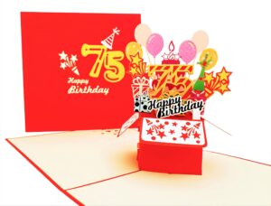 igifts and cards happy 75th red birthday party box 3d pop up greeting card – seventy-five, awesome, balloons, unique, celebration, feliz cumpleaños, fun, mom, dad