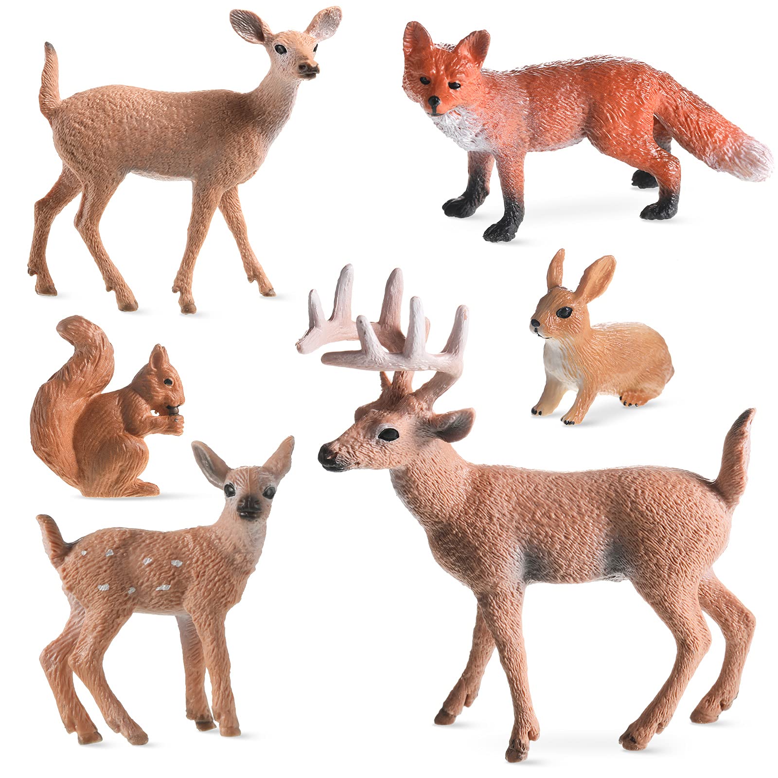 Skylety 6 Pieces Woodland Animals Figures Forest Creatures Figurines Squirrel Deer Rabbit Family Figurines Miniature Toys Cake Toppers for Birthday Party Baby Shower Christmas Party