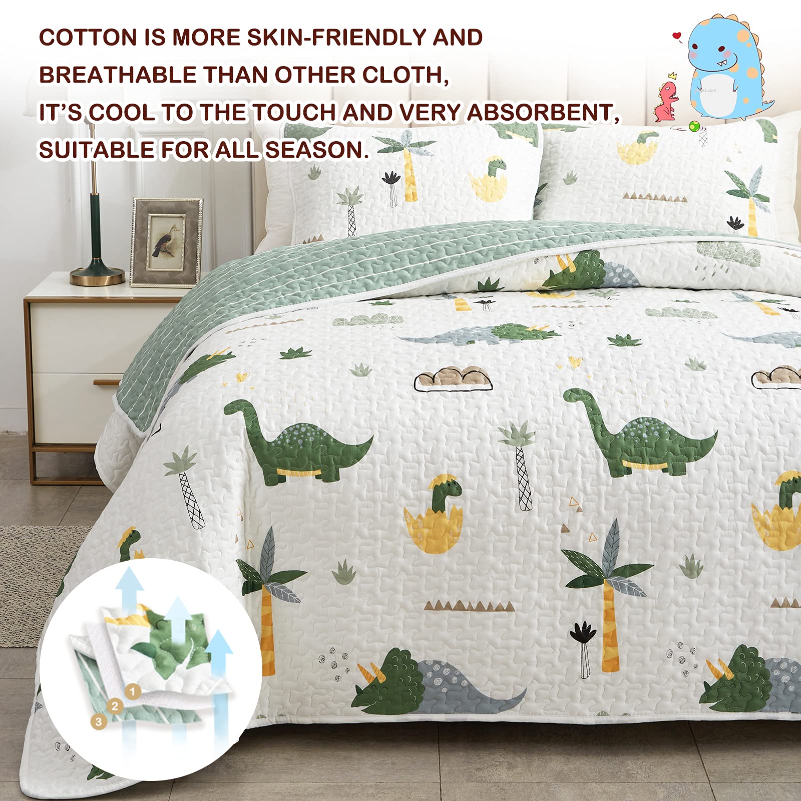 Joyreap 2-Piece Cotton Quilt Set Twin, Dinosaur Theme Green Color Design for Kids Boys n Girls, Smooth Soft Quilt Bedspread Bed Cover for All Season, 1 Quilt and 1 Pillow Sham- 68x86 inches