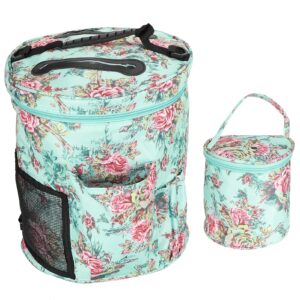 2Pcs Portable Woolen Yarn Storage Bag Knitting Bag, Yarn Storage Round Tote Bag, 600D Oxford Cloth Printing Multi-Pocket Hand Strap(Green Peony)