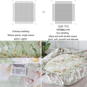 FADFAY Floral Bed Sheets Set Queen Size 100% Cotton Mint Green Botanical Sheet Sets Countryside Bedding Soft Breathable Girls Lily Flower Printed Deep Pocket Sheet 17.5 inch, 4 Pcs Queen