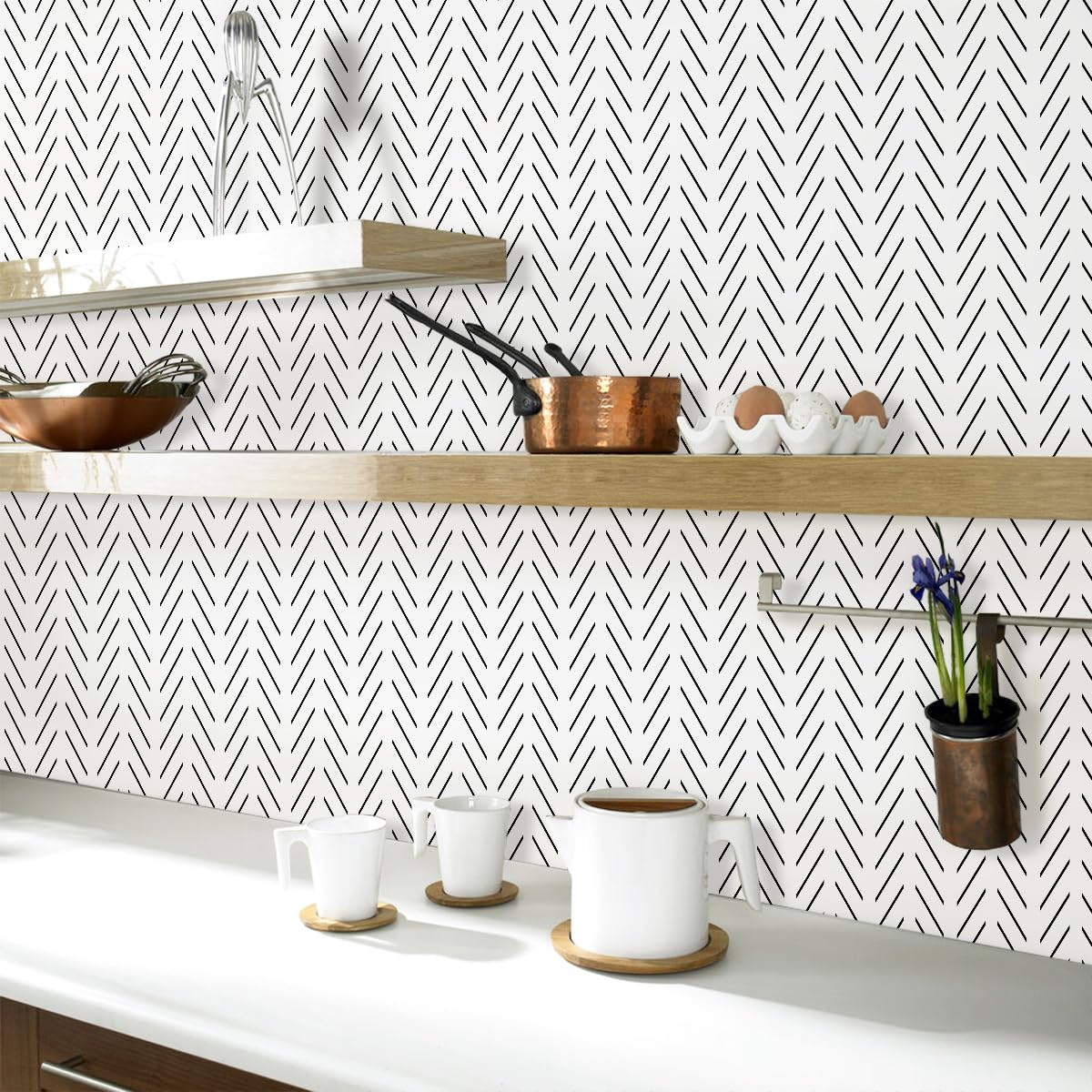 Erfoni Black and White Peel and Stick Wallpaper Modern Herringbone Contact Paper Bathroom 17.7inch x 118.1inch Geometric Removable Wall Paper Peel and Stick Self Adhesive Contact Paper