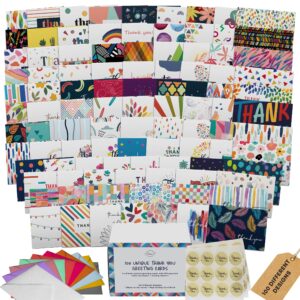 dessie 100 unique thank you cards bulk - blank note cards with 100 different, colorful designs, no repetition. colorful envelopes, gold seals and sturdy storage box.