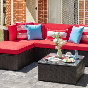 Vongrasig 5 Piece Furniture, Small All-Weather Brown PE Wicker Outdoor Couch Sectional Patio Conversation Set Garden Patio Sofa w/Ottoman, Glass Table, Red