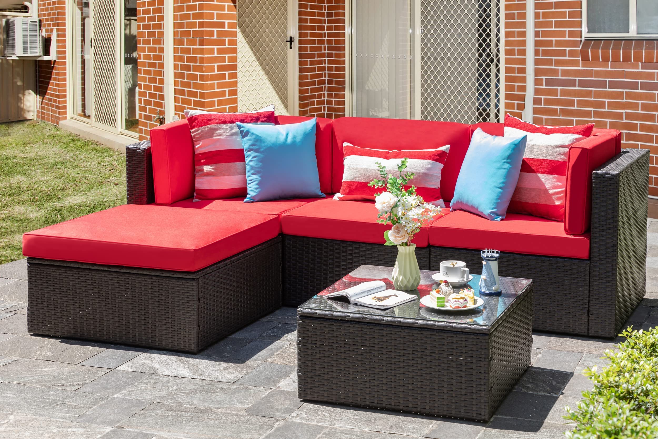 Vongrasig 5 Piece Furniture, Small All-Weather Brown PE Wicker Outdoor Couch Sectional Patio Conversation Set Garden Patio Sofa w/Ottoman, Glass Table, Red