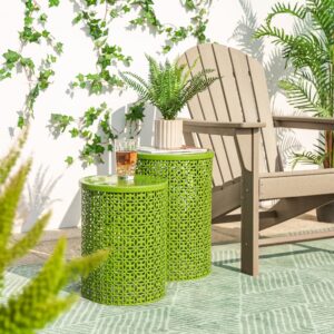 glitzhome outdoor side table set of 2, decorative garden stool for indoor outdoor heavy duty metal frame accent table modern end table, glossy green