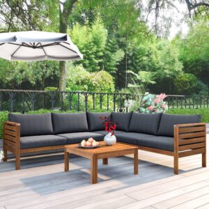 xd designs, 4 piece outdoor patio furniture set, acacia wood sectional sofa wseat cushions, patio sectional conversation seat with couches and coffee table