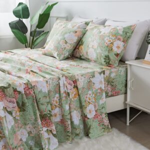 fadfay floral bed sheets set queen size 100% cotton mint green botanical sheet sets countryside bedding soft breathable girls lily flower printed deep pocket sheet 17.5 inch, 4 pcs queen