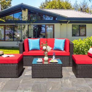 Vongrasig 5 Piece Furniture, Small All-Weather Brown PE Wicker Outdoor Couch Sectional Patio Conversation Set Garden Patio Sofa w/Ottoman, Glass Table, Red