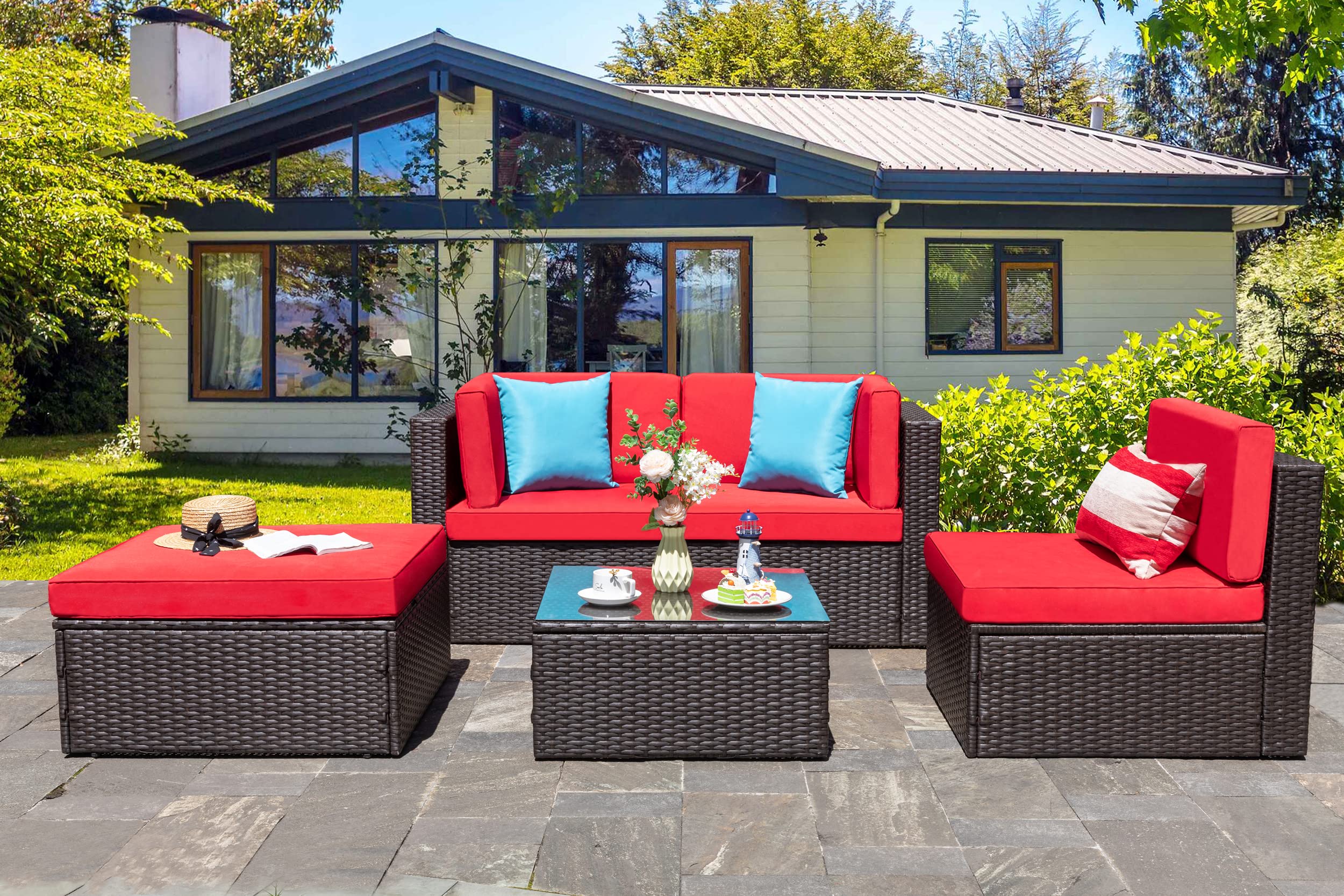 Vongrasig 5 Piece Furniture, Small All-Weather Brown PE Wicker Outdoor Couch Sectional Patio Conversation Set Garden Patio Sofa w/Ottoman, Glass Table, Red