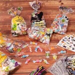 Halloween Candy Bags Treats Bags, 200 PCS Halloween Cellophane Bags for Kids Treat or Trick Party Supplies, 8 Styles Halloween Goodies Bags Gift Bags with Tattoo Stickers for Halloween Party Favors