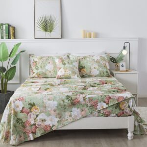 FADFAY Floral Bed Sheets Set Queen Size 100% Cotton Mint Green Botanical Sheet Sets Countryside Bedding Soft Breathable Girls Lily Flower Printed Deep Pocket Sheet 17.5 inch, 4 Pcs Queen