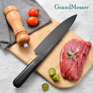 GrandMesser Cooking Chef Knife 8 Inches Carbon Stainless Steel Kitchen Knife with Sharpener and Ergonomic Handle - Chopping Knife for Professional Use (Glossy Stainless)