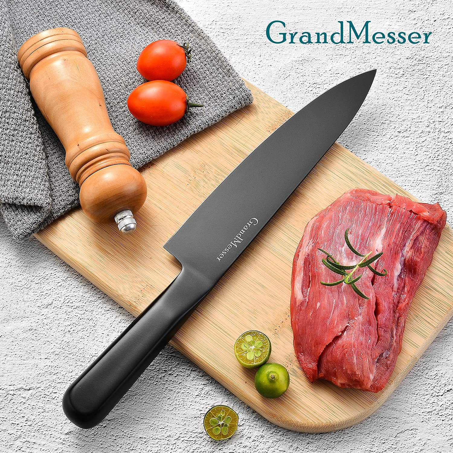 GrandMesser Cooking Chef Knife 8 Inches Carbon Stainless Steel Kitchen Knife with Sharpener and Ergonomic Handle - Chopping Knife for Professional Use (Glossy Stainless)