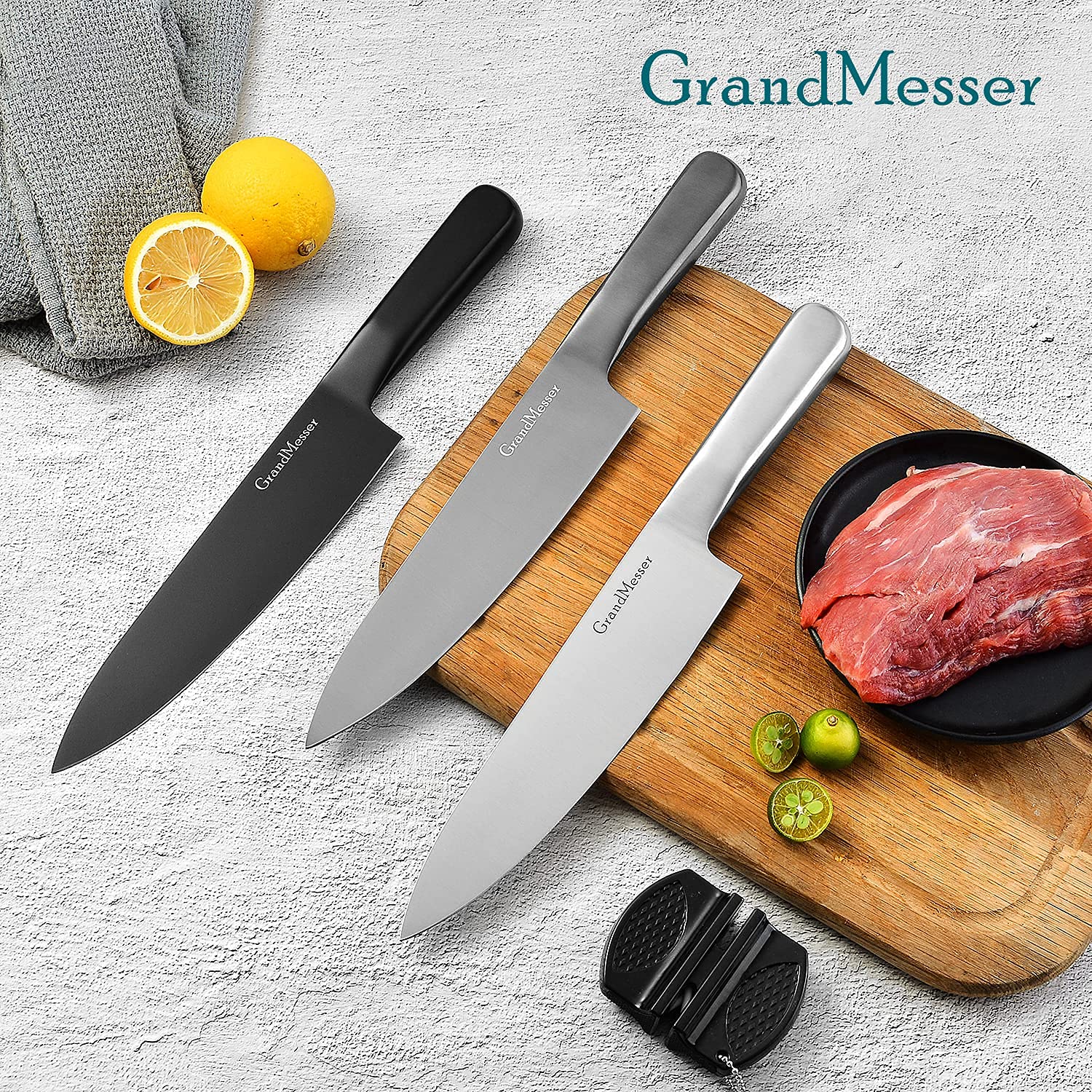 GrandMesser Cooking Chef Knife 8 Inches Carbon Stainless Steel Kitchen Knife with Sharpener and Ergonomic Handle - Chopping Knife for Professional Use (Glossy Stainless)