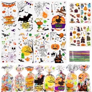 halloween candy bags treats bags, 200 pcs halloween cellophane bags for kids treat or trick party supplies, 8 styles halloween goodies bags gift bags with tattoo stickers for halloween party favors