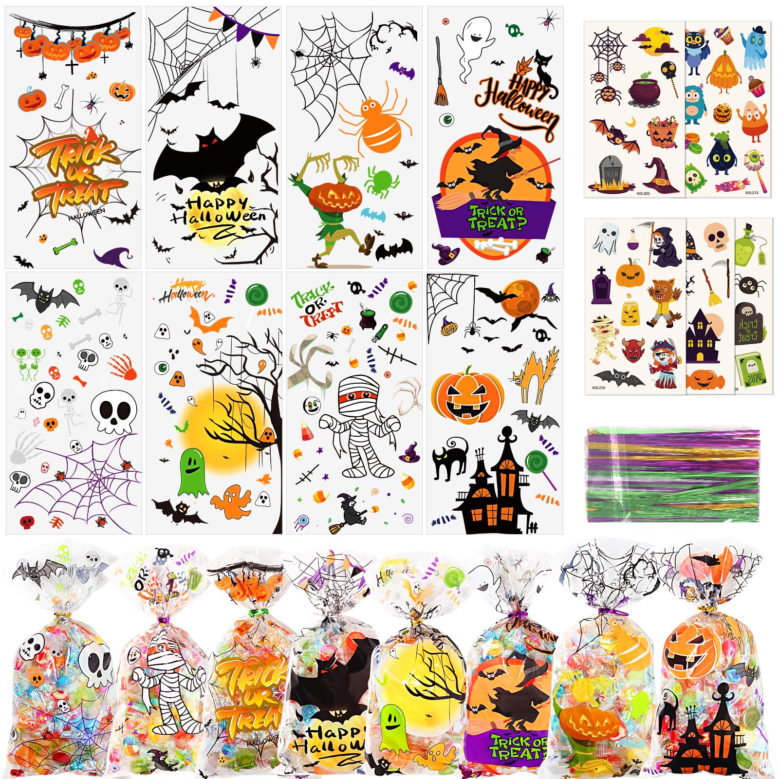 Halloween Candy Bags Treats Bags, 200 PCS Halloween Cellophane Bags for Kids Treat or Trick Party Supplies, 8 Styles Halloween Goodies Bags Gift Bags with Tattoo Stickers for Halloween Party Favors