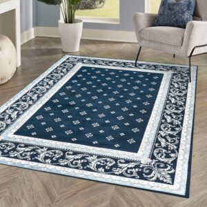 jonathan y mdp504c-8 acanthus french border indoor area-rug bohemian vintage easy-cleaning bedroom kitchen living room non shedding, 8 x 10, navy/blue