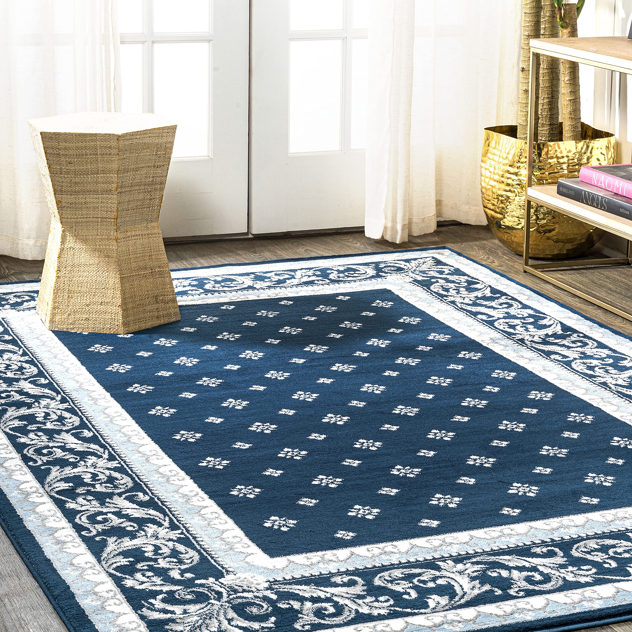 JONATHAN Y MDP504C-8 Acanthus French Border Indoor Area-Rug Bohemian Vintage Easy-Cleaning Bedroom Kitchen Living Room Non Shedding, 8 X 10, Navy/Blue