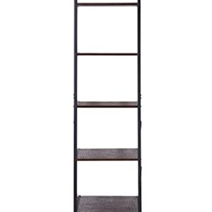 RAAMZO 5-Tier Industrial Leaning Ladder Wall Bookshelf Bookcase Display Storage Rack Accent in Walnut Finish and Black Frame - 75-inch Height