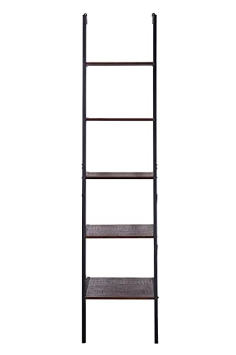 RAAMZO 5-Tier Industrial Leaning Ladder Wall Bookshelf Bookcase Display Storage Rack Accent in Walnut Finish and Black Frame - 75-inch Height