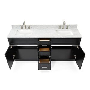 ARIEL 73" Black Double Vanity, 1.5" Edge Italian Carrara Marble Countertop & Splash, Rectangular Sink, 4 Soft Closing Doors, 3 Full Extension Dovetail Drawers, Built in Toe Kick, Brushed Nickel