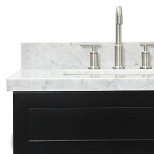 ARIEL 73" Black Double Vanity, 1.5" Edge Italian Carrara Marble Countertop & Splash, Rectangular Sink, 4 Soft Closing Doors, 3 Full Extension Dovetail Drawers, Built in Toe Kick, Brushed Nickel