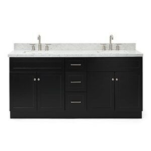 ARIEL 73" Black Double Vanity, 1.5" Edge Italian Carrara Marble Countertop & Splash, Rectangular Sink, 4 Soft Closing Doors, 3 Full Extension Dovetail Drawers, Built in Toe Kick, Brushed Nickel