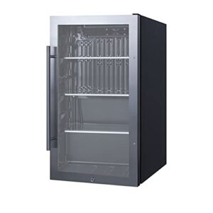 summit appliance spr488bos commercially approved shallow depth indoor/outdoor beverage cooler, seamless stainless steel door trim, glass door, black interior, front lock, and dial thermostat