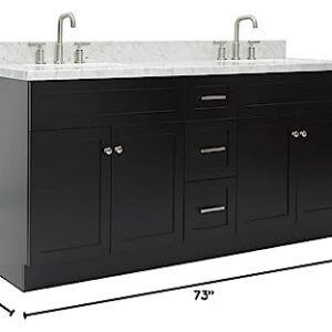 ARIEL 73" Black Double Vanity, 1.5" Edge Italian Carrara Marble Countertop & Splash, Rectangular Sink, 4 Soft Closing Doors, 3 Full Extension Dovetail Drawers, Built in Toe Kick, Brushed Nickel