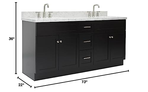 ARIEL 73" Black Double Vanity, 1.5" Edge Italian Carrara Marble Countertop & Splash, Rectangular Sink, 4 Soft Closing Doors, 3 Full Extension Dovetail Drawers, Built in Toe Kick, Brushed Nickel