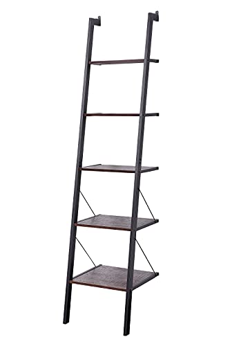 RAAMZO 5-Tier Industrial Leaning Ladder Wall Bookshelf Bookcase Display Storage Rack Accent in Walnut Finish and Black Frame - 75-inch Height