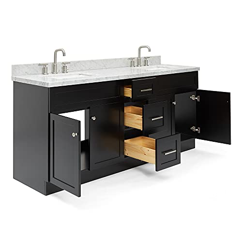 ARIEL 73" Black Double Vanity, 1.5" Edge Italian Carrara Marble Countertop & Splash, Rectangular Sink, 4 Soft Closing Doors, 3 Full Extension Dovetail Drawers, Built in Toe Kick, Brushed Nickel