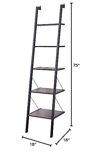 RAAMZO 5-Tier Industrial Leaning Ladder Wall Bookshelf Bookcase Display Storage Rack Accent in Walnut Finish and Black Frame - 75-inch Height