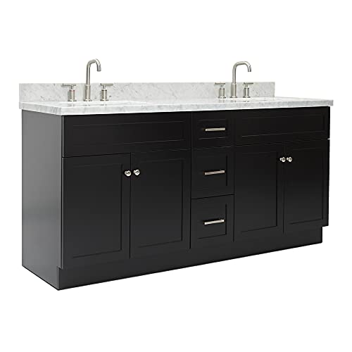 ARIEL 73" Black Double Vanity, 1.5" Edge Italian Carrara Marble Countertop & Splash, Rectangular Sink, 4 Soft Closing Doors, 3 Full Extension Dovetail Drawers, Built in Toe Kick, Brushed Nickel