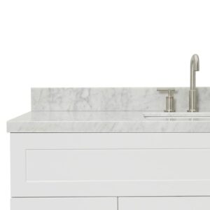 ARIEL 55" White Bathroom Vanity with 1.5" Edge Italian Carrara Marble Countertop & Splash, Rectangular Sink, 2 Soft Closing Doors, 4 Full Extension Dovetail Drawers, Toe Kick, Brushed Nickel