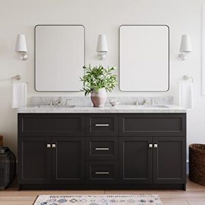 ariel 73" black double vanity, 1.5" edge italian carrara marble countertop & splash, rectangular sink, 4 soft closing doors, 3 full extension dovetail drawers, built in toe kick, brushed nickel