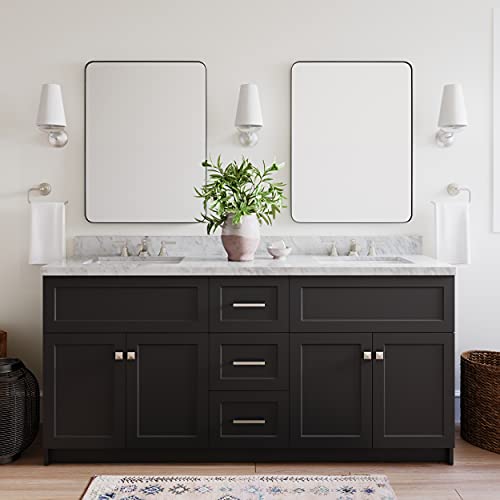 ARIEL 73" Black Double Vanity, 1.5" Edge Italian Carrara Marble Countertop & Splash, Rectangular Sink, 4 Soft Closing Doors, 3 Full Extension Dovetail Drawers, Built in Toe Kick, Brushed Nickel