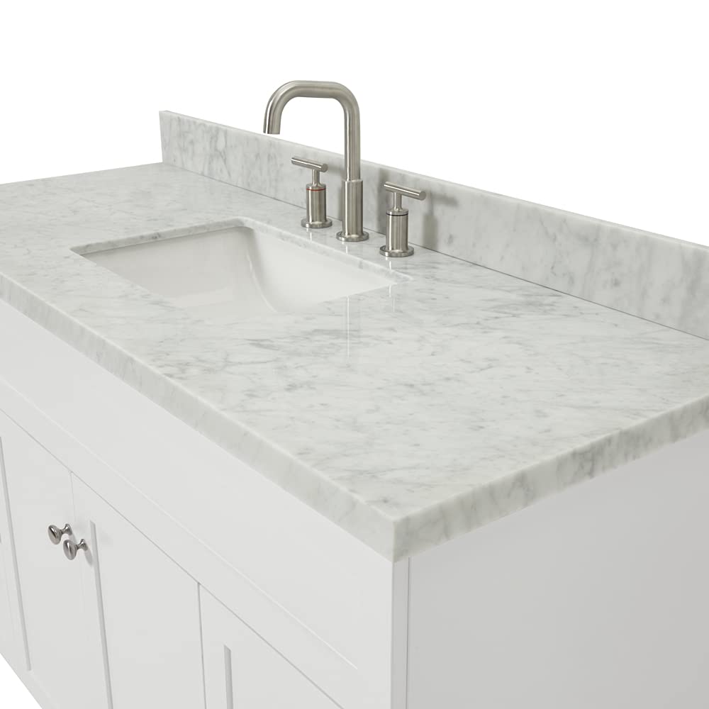 ARIEL 55" White Bathroom Vanity with 1.5" Edge Italian Carrara Marble Countertop & Splash, Rectangular Sink, 2 Soft Closing Doors, 4 Full Extension Dovetail Drawers, Toe Kick, Brushed Nickel