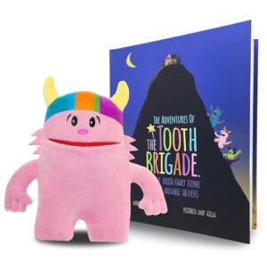 the tooth brigade book and tooth fairy pillow bundle, interactive set includes 8" plush toy with lost tooth pocket and adventures of the tooth brigade hardcover book (ollie bundle)