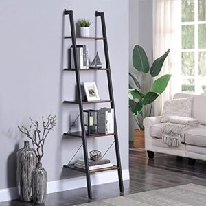 raamzo 5-tier industrial leaning ladder wall bookshelf bookcase display storage rack accent in walnut finish and black frame - 75-inch height