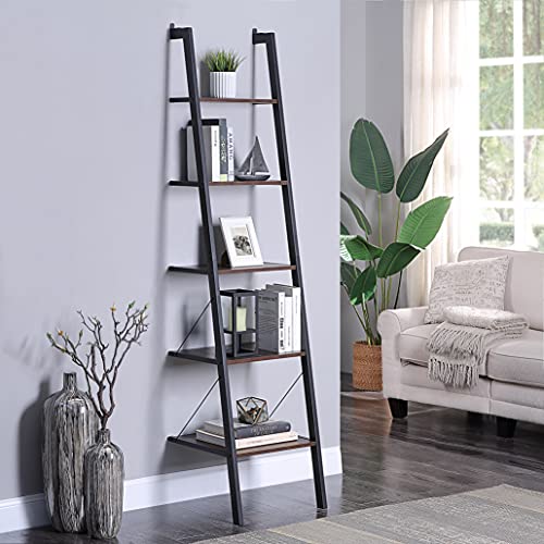 RAAMZO 5-Tier Industrial Leaning Ladder Wall Bookshelf Bookcase Display Storage Rack Accent in Walnut Finish and Black Frame - 75-inch Height