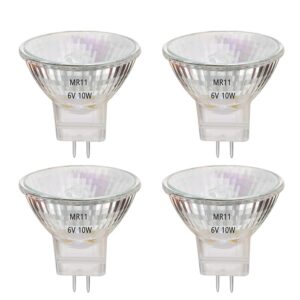 mr11 halogen bulb clear fiber optics halogen flood light bulb, 10 watts, 6 volts, gz4 bi-pin base, with uv glass cover guard, 2700k, 120 lumens pack of 4