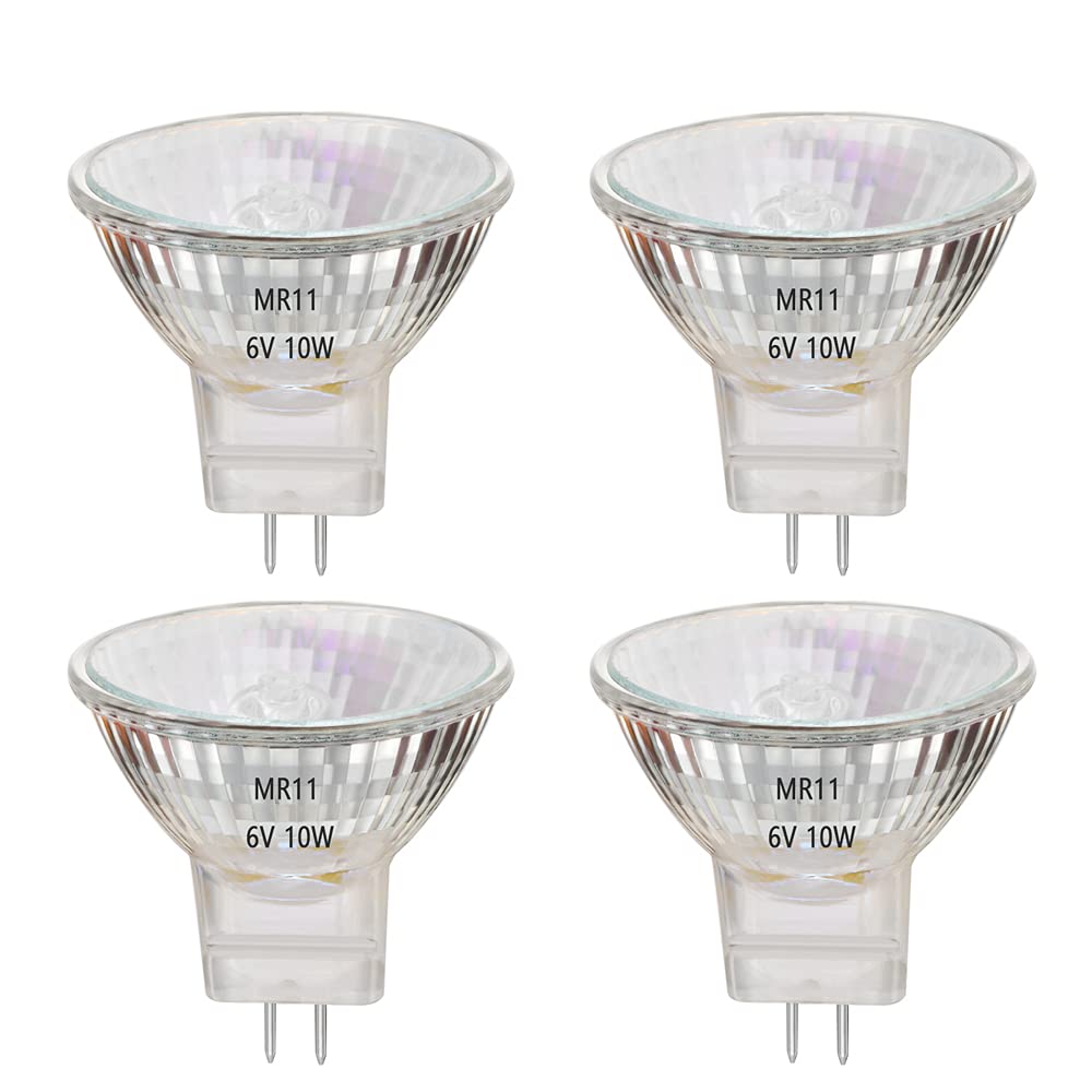 MR11 Halogen Bulb Clear Fiber Optics Halogen Flood Light Bulb, 10 Watts, 6 Volts, GZ4 Bi-Pin Base, with UV Glass Cover Guard, 2700K, 120 Lumens Pack of 4